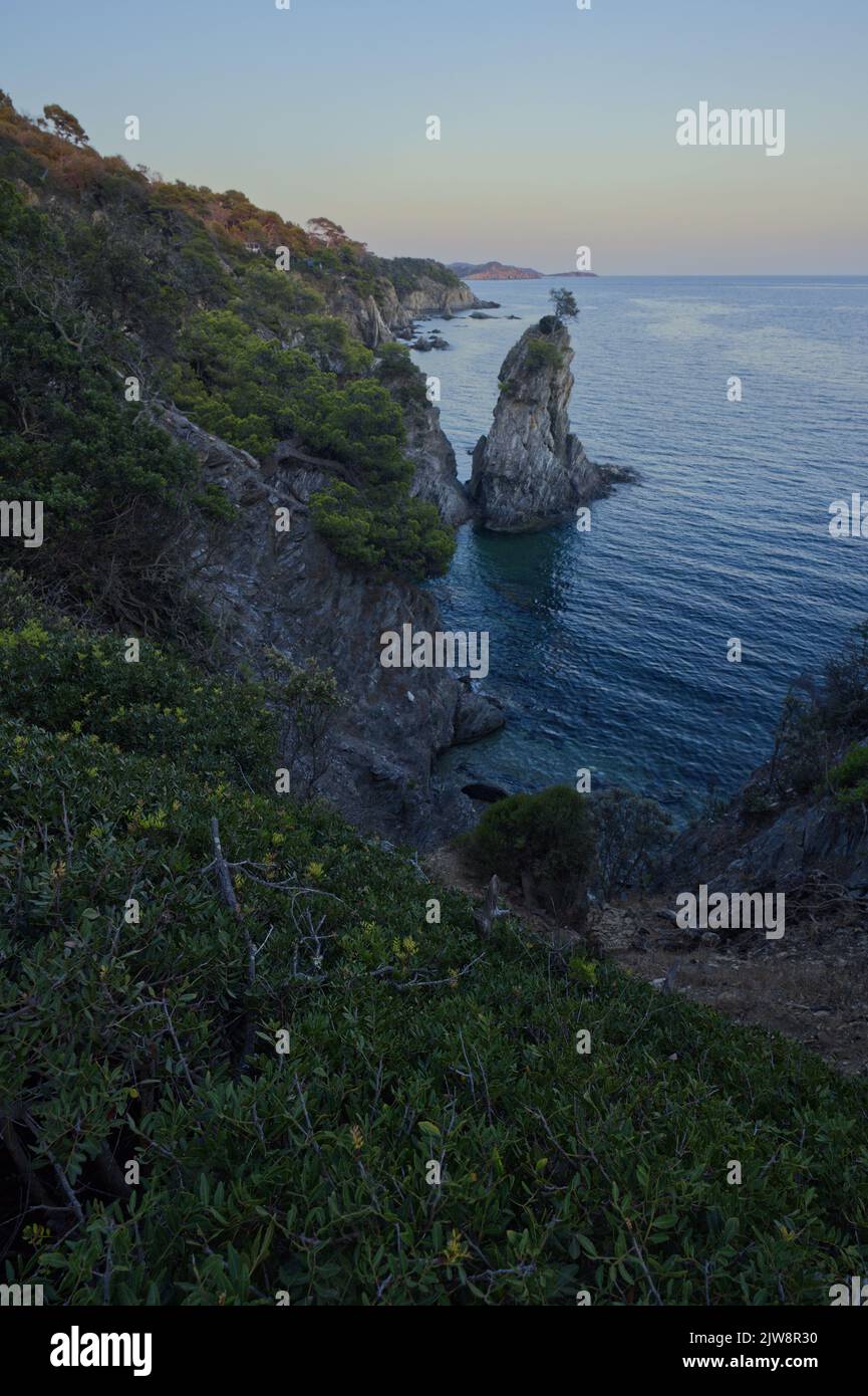 Coastal landscape of Hyeres and Presqu'iles de Giens at sunset, France ...