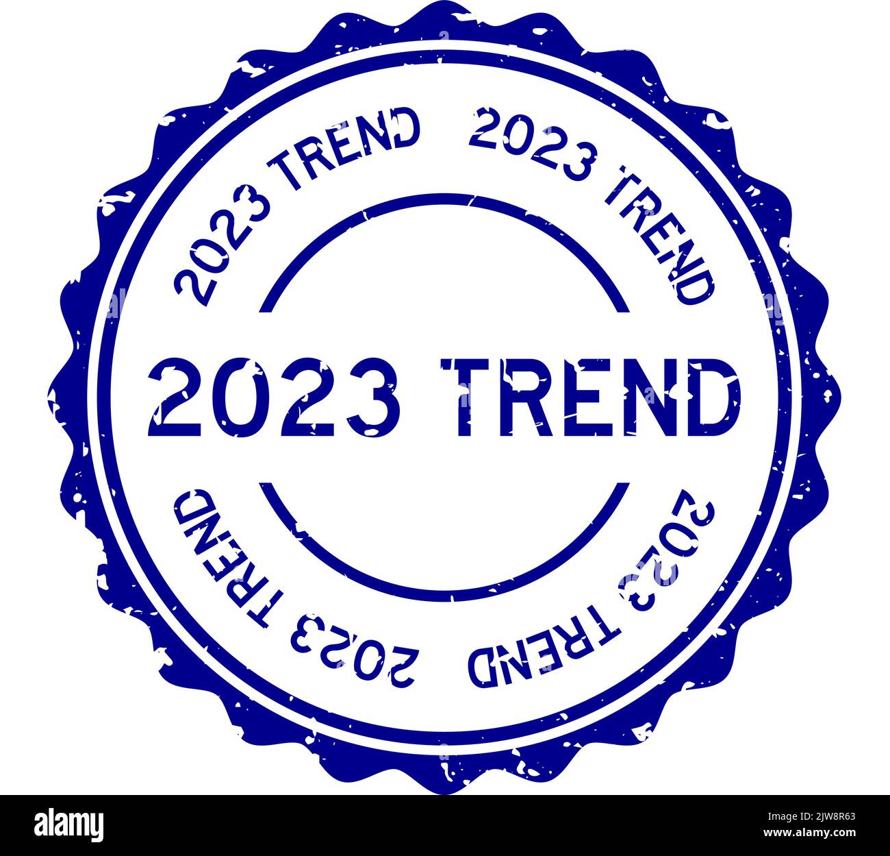 Grunge blue 2023 trend word round rubber seal stamp on white background ...