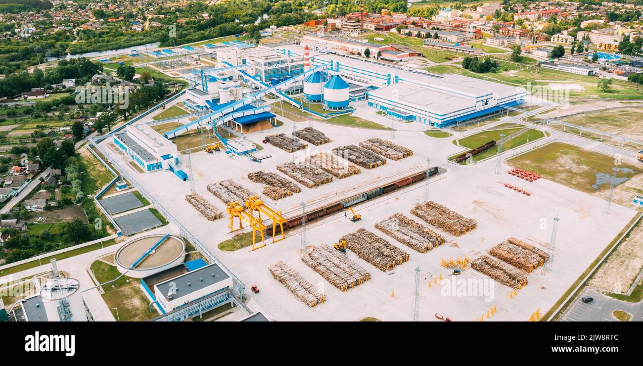 Aerial view of modern paper mill in summer sunny day. Bird's-eye view ...