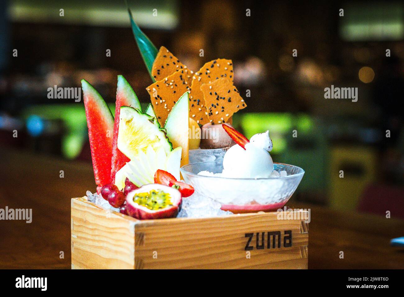 dessert platter with ice cream, water melon, passionfruit, strawberry ...