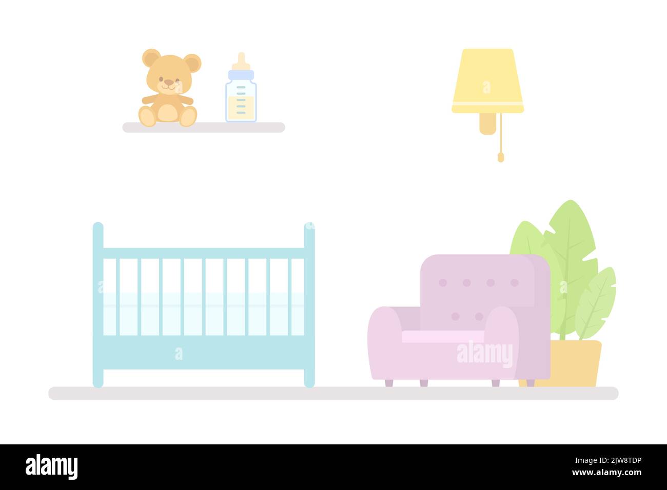 Baby blue crib and cozy armchair. Home interior concept. Vector ...