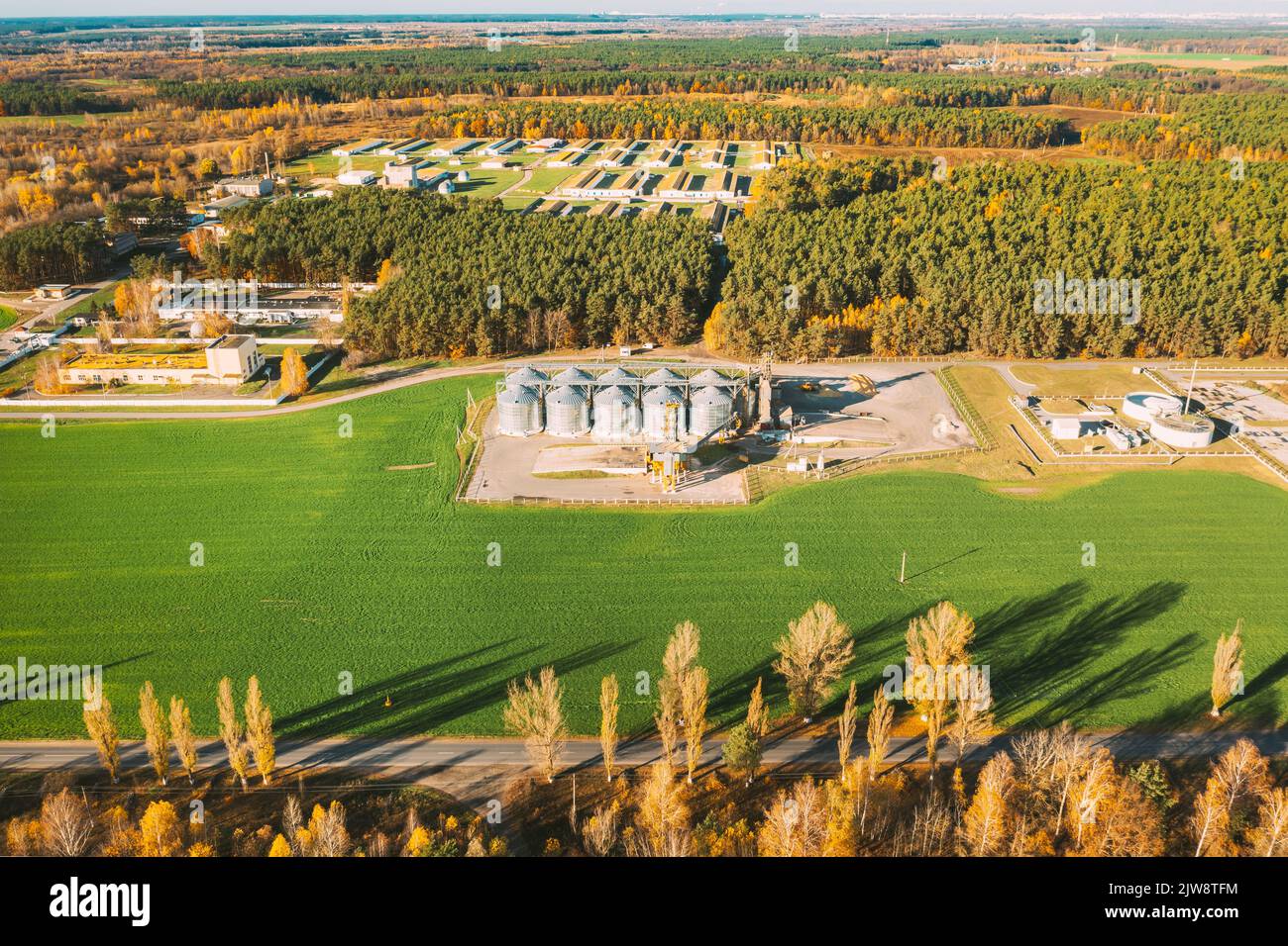 Aerial view modern granary, grain-drying complex, commercial grain or ...