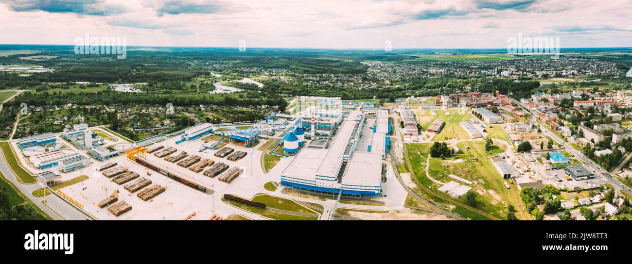 Aerial view of modern paper mill in summer sunny day. Bird's-eye view ...