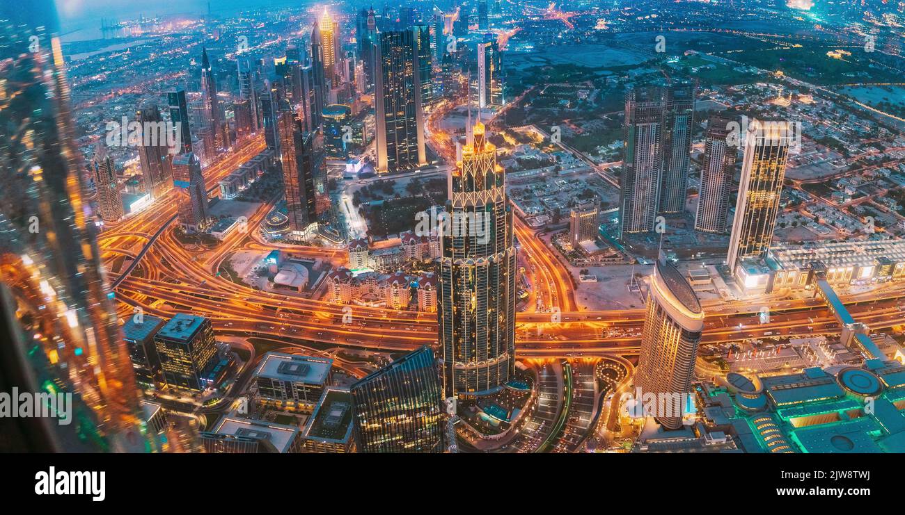 Top View Cityscape Skyline Of Dubai. Aerial View Of Evening Night ...