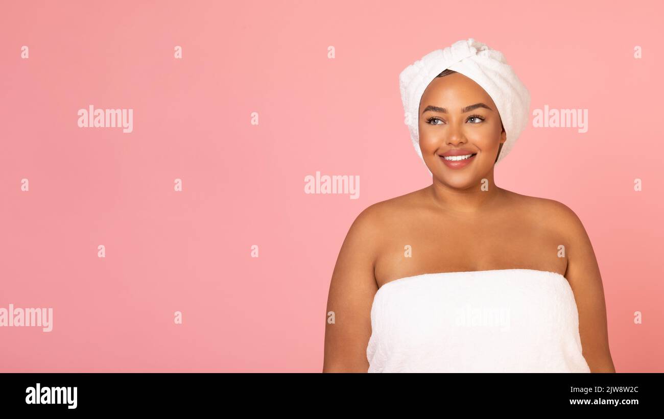 Oversized African Lady Wrapped In Towel Posing Over Pink Background ...