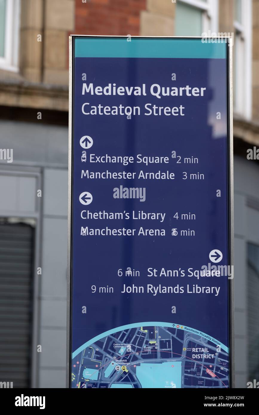 Direction sign to the Medieval Quarter in Manchester- MANCHESTER, UK ...