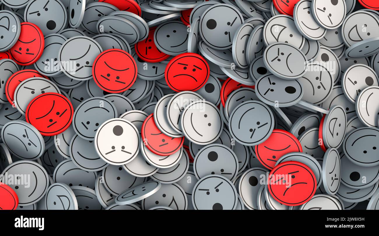 Angry red faces among quite a lot of gray colored - 3d illustration ...