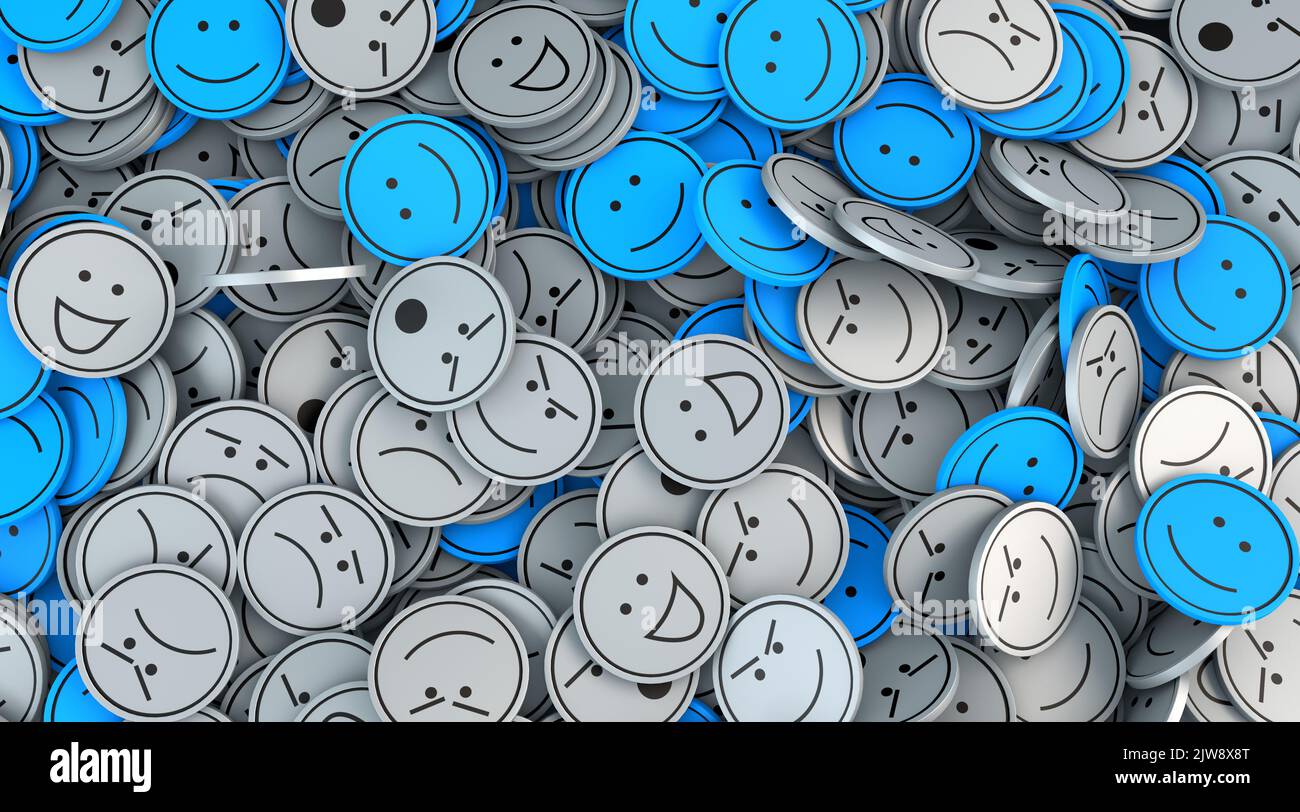 Happy blue faces among quite a lot of gray colored - 3d illustration ...