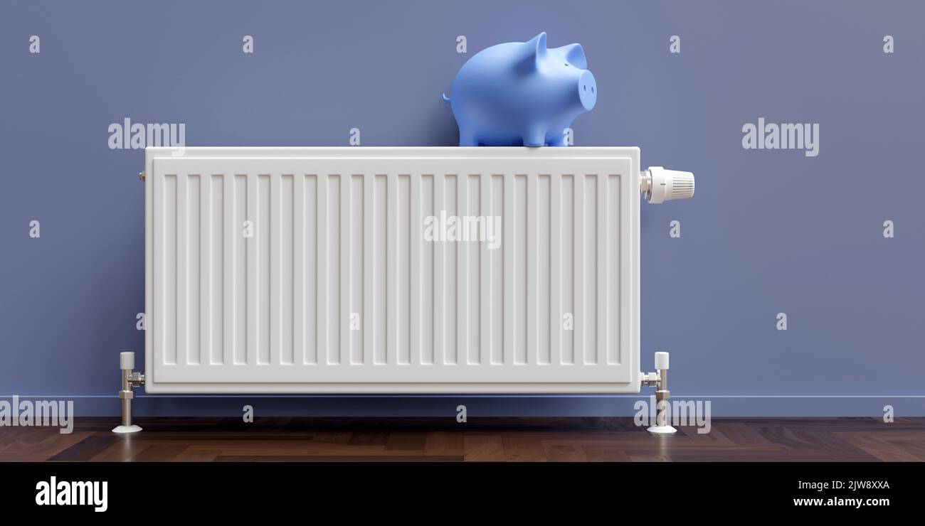 Heating cost saving. Piggy bank on heater radiator, warm house room ...