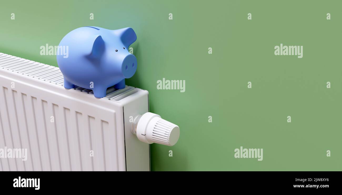 Heating cost saving. Blue piggy bank on heater radiator, warm house ...
