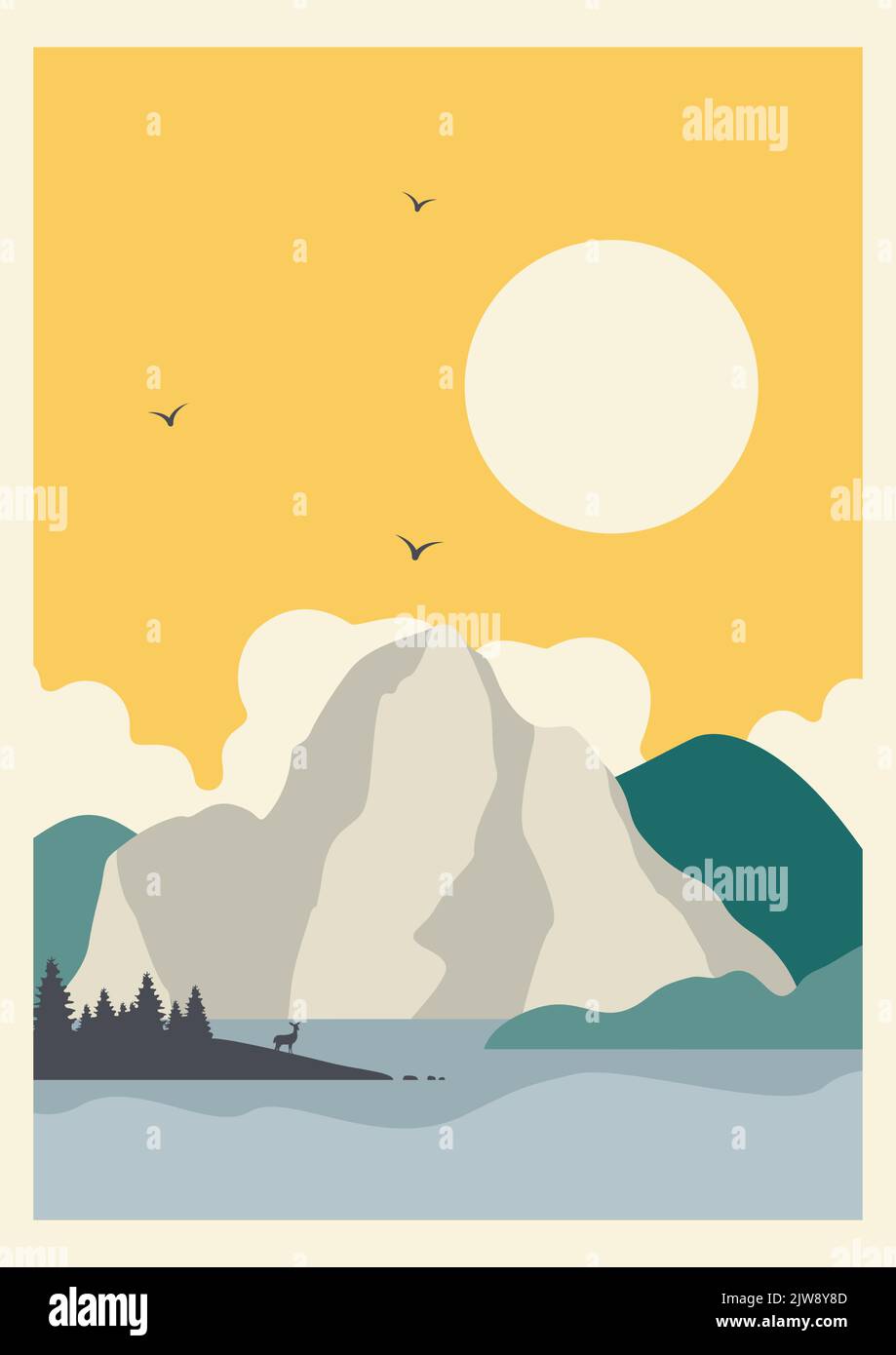 Minimalistic North America mountain landscape illustration poster Stock ...