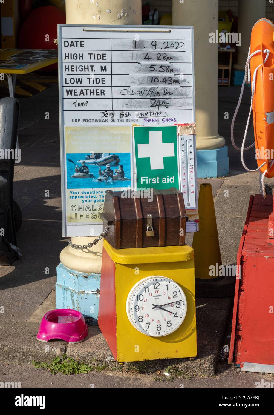 Tide information and first aid equipment at a lifeguard station on ...