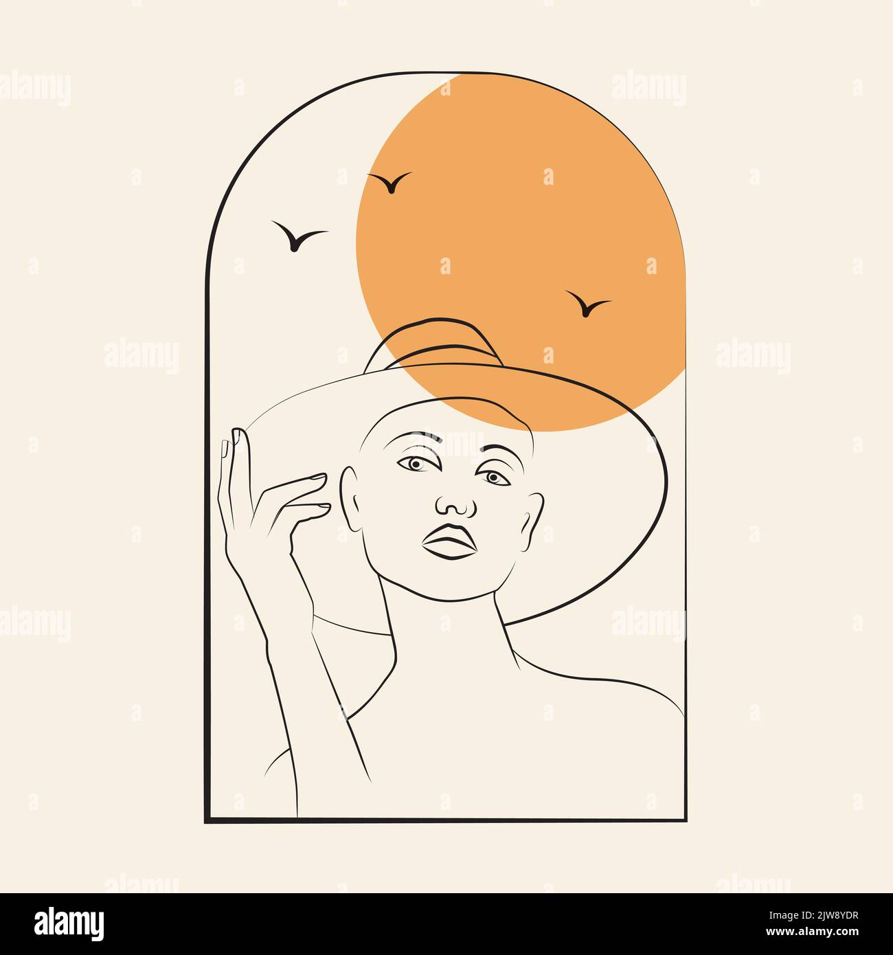 Linear woman in hat in arches art drawing illustration Stock Vector ...
