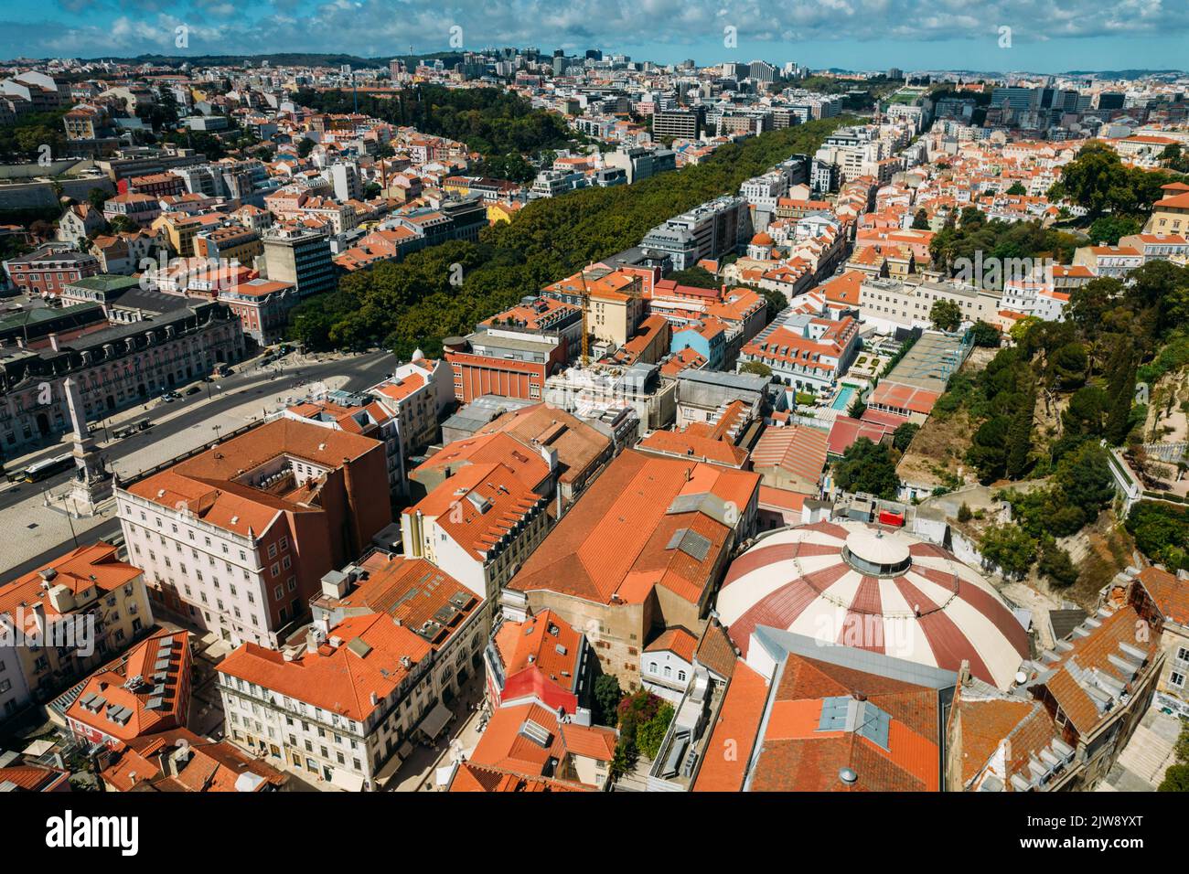 Aerial drone view of Restauradores square looking north towards Avenida ...