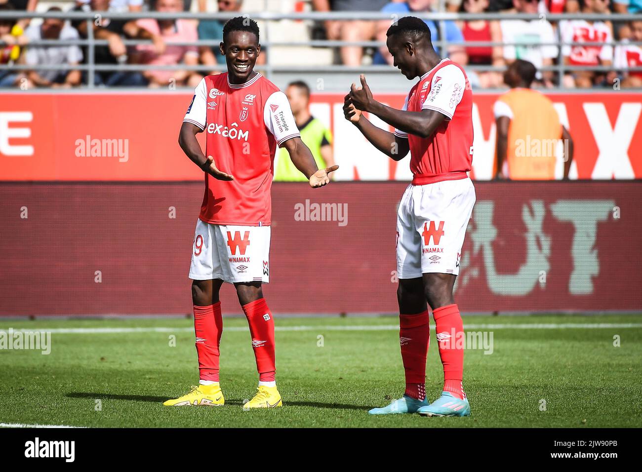 Folarin BALOGUN of Reims celebrate his goal with Dion LOPY of Reims ...
