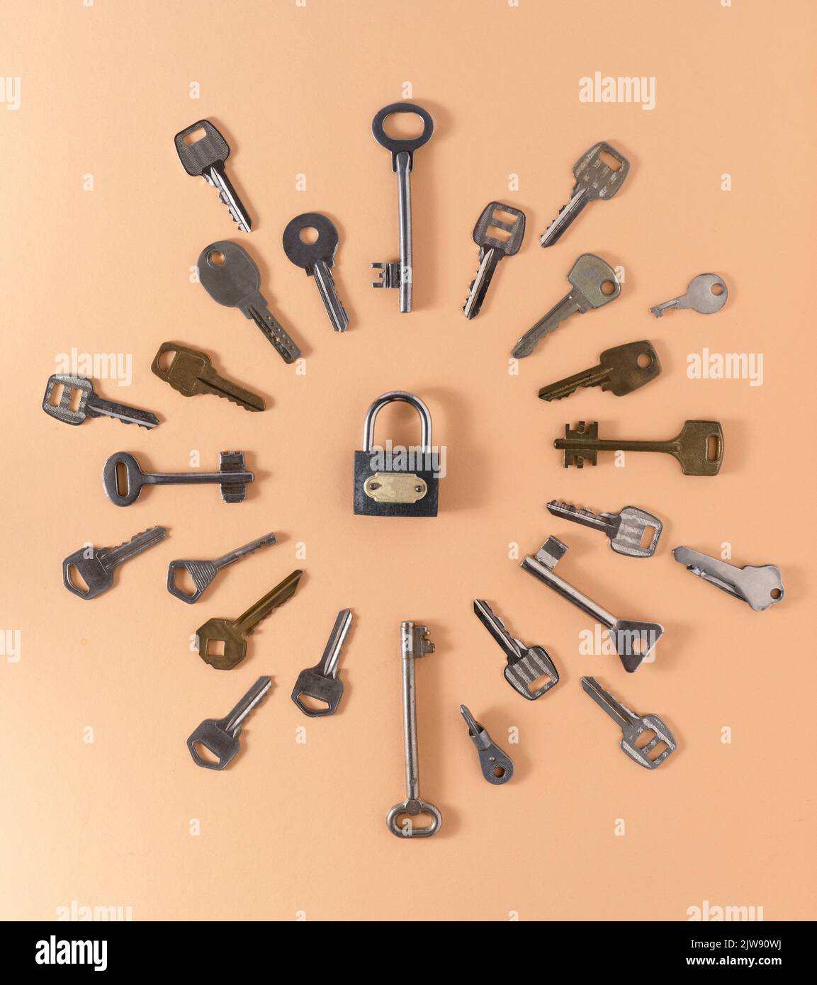 Key and lock. Background from different old keys. View from above. Door ...