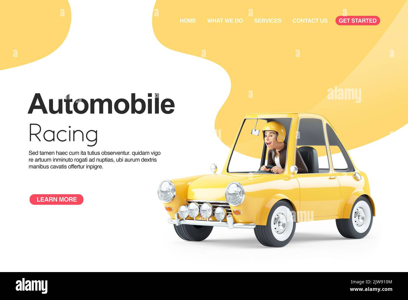 3d cartoon man driving racing car web banner, illustration on color ...