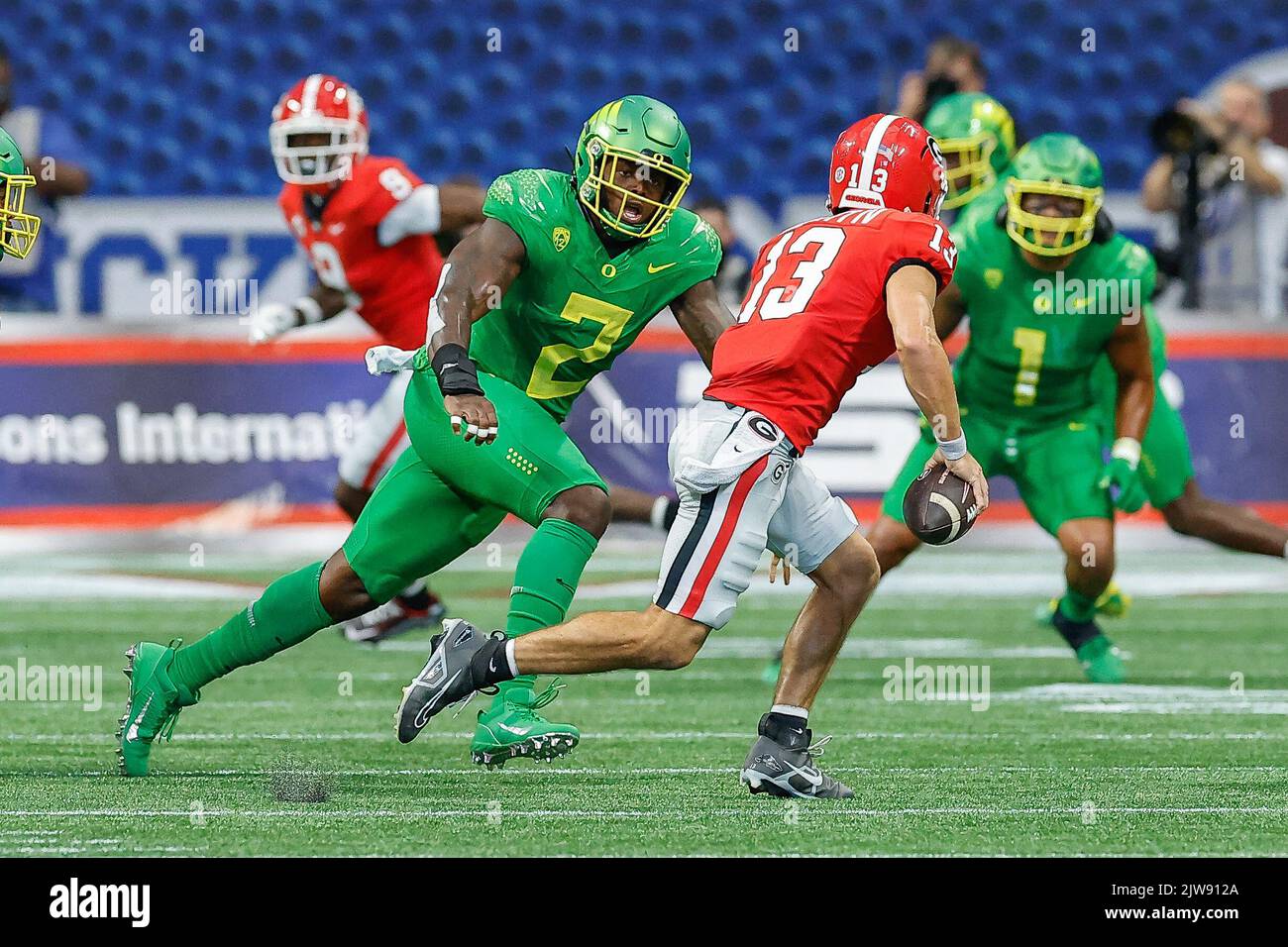 September 3, 2022: Oregon's DJ Johnson (2) gets pressure on Georgia's ...
