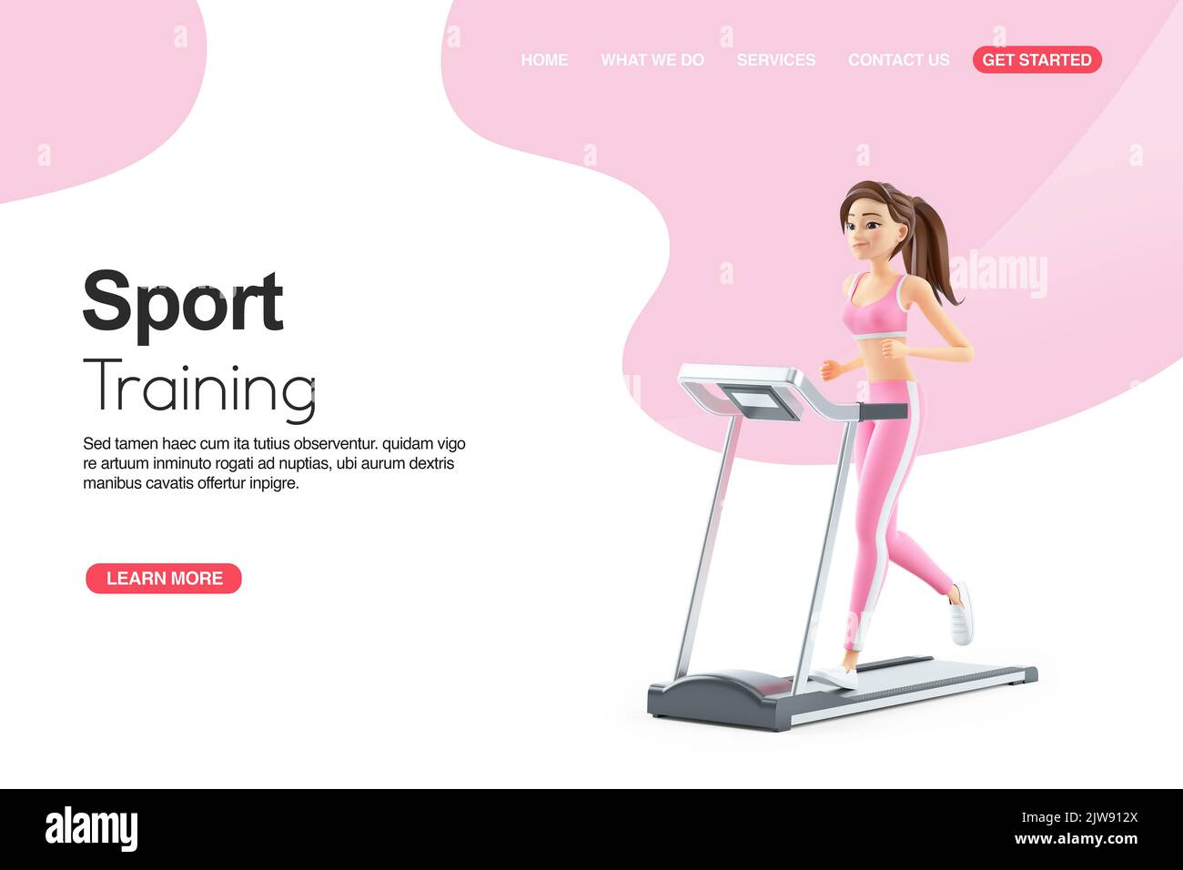 3d sporty woman running on treadmill web banner, illustration on color ...