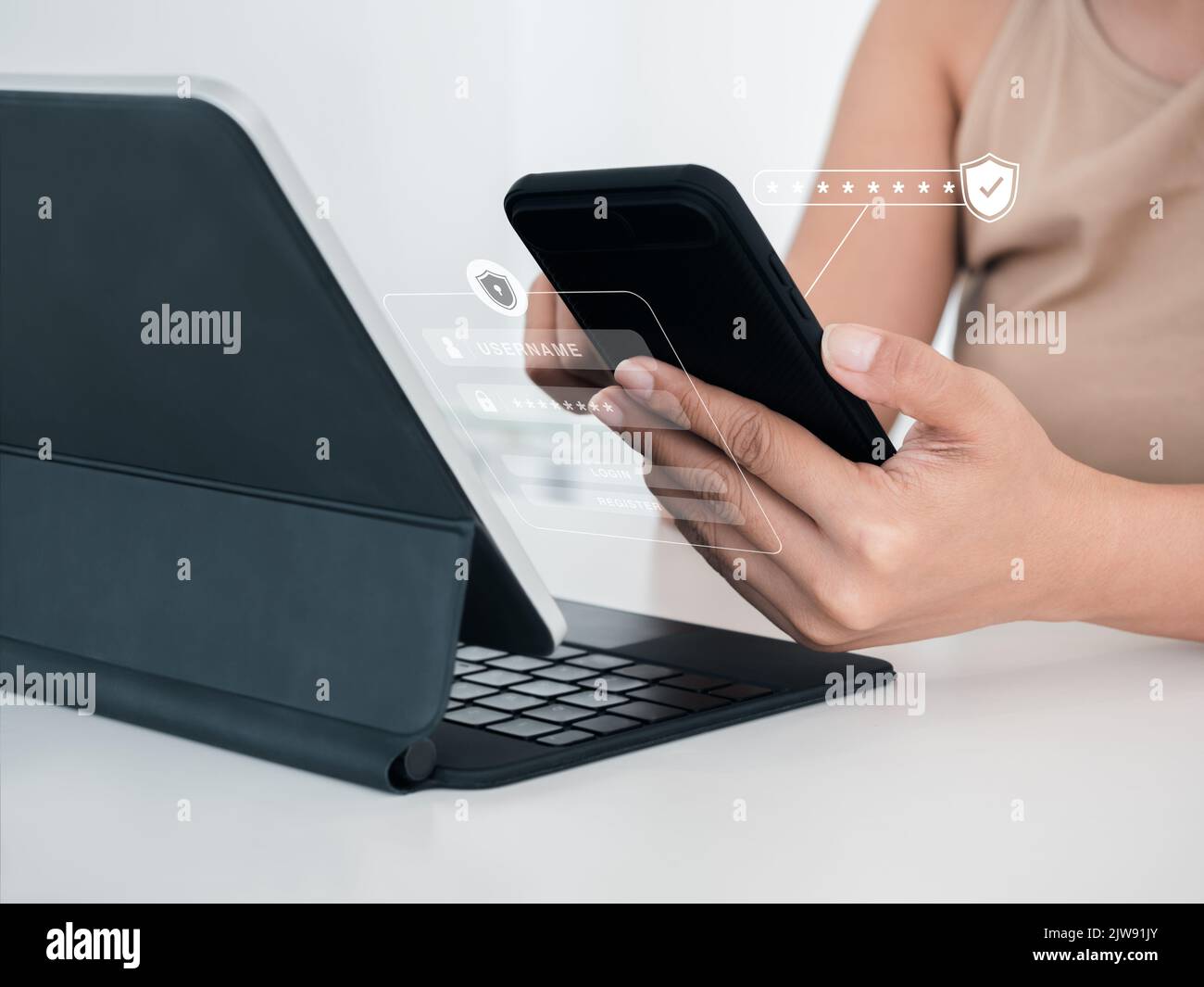 Two steps authentication or 2FA concept. Virtual safety shield icon ...