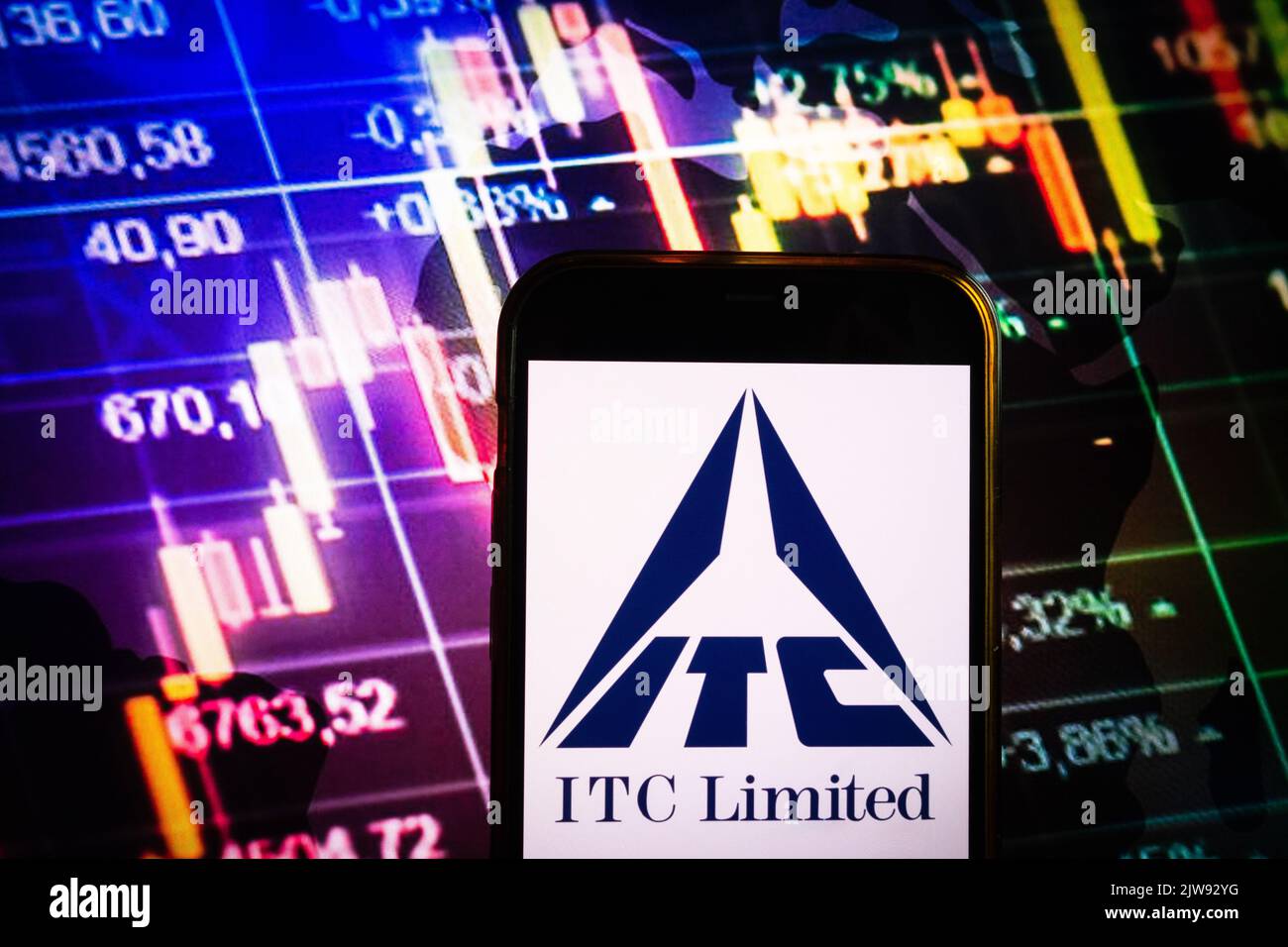 KONSKIE, POLAND - August 30, 2022: Smartphone displaying logo of ITC Limited company on stock ...