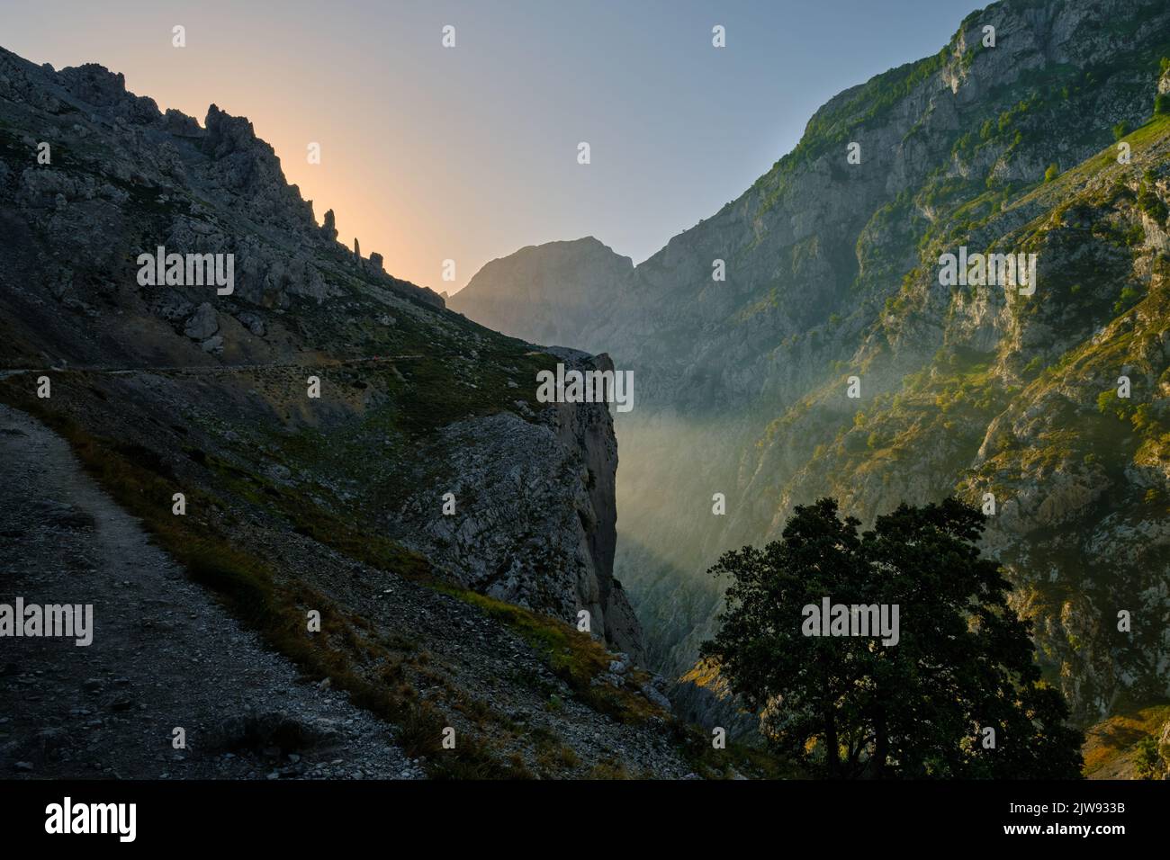 landscape of a sunrise inside a great canyon, the rays of light pass ...