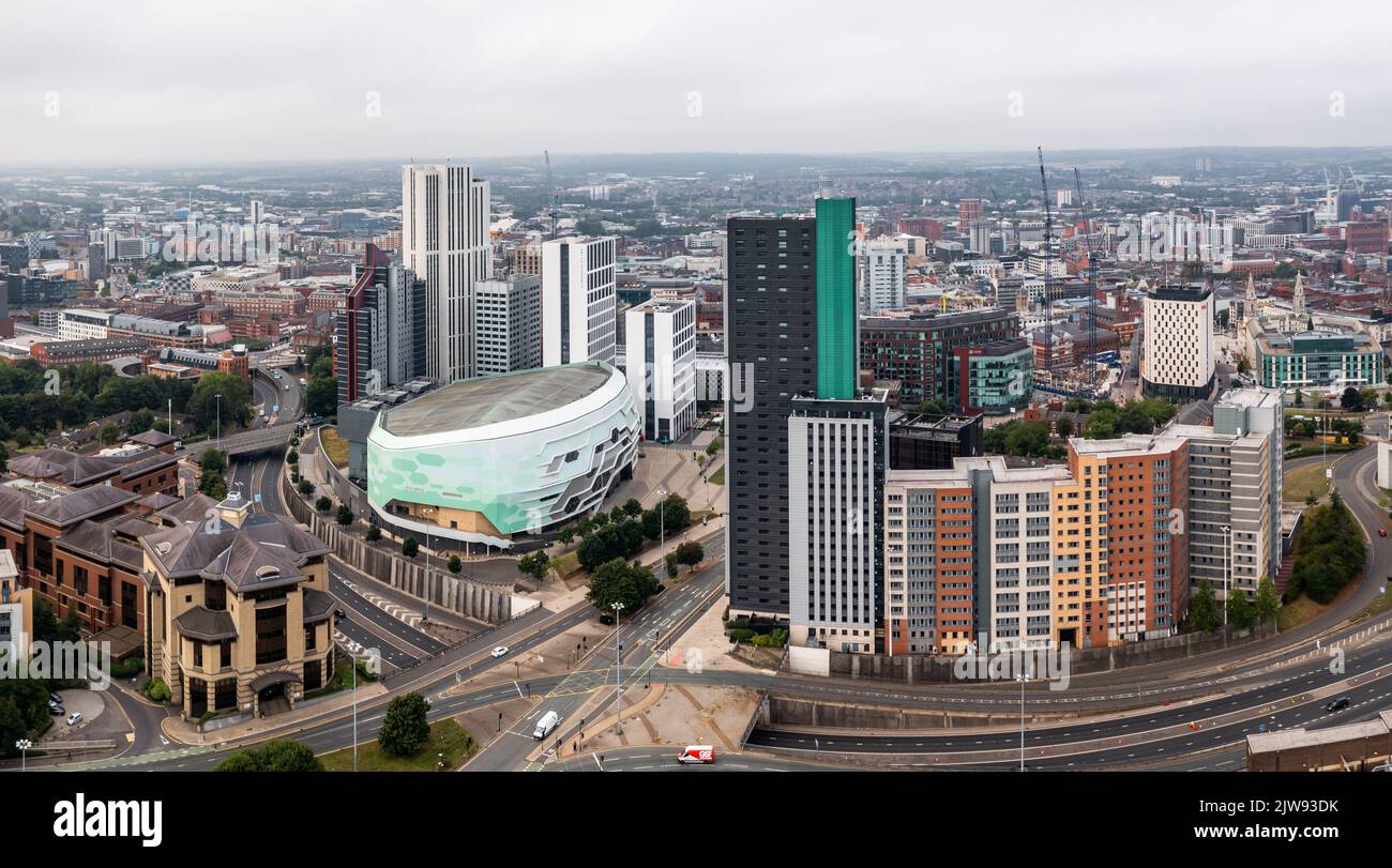 An aerial view of The First Direct Arena and surrounding buildings in ...
