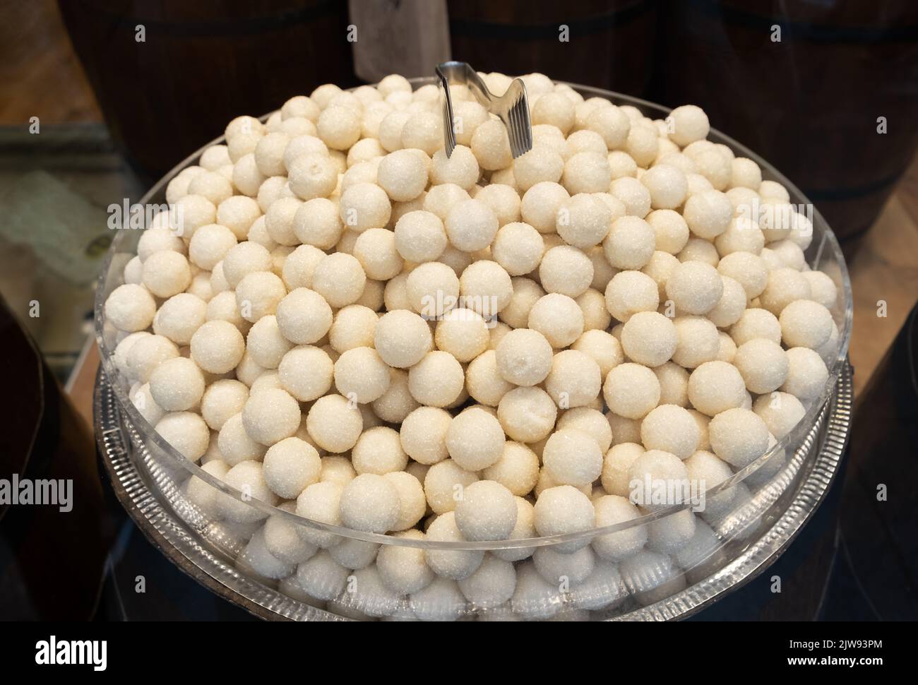 Handmade white candies in a candy store in Istanbul. White macarons or ...