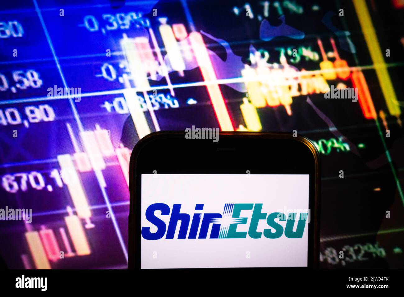 KONSKIE, POLAND - August 30, 2022: Smartphone displaying logo of Shin ...