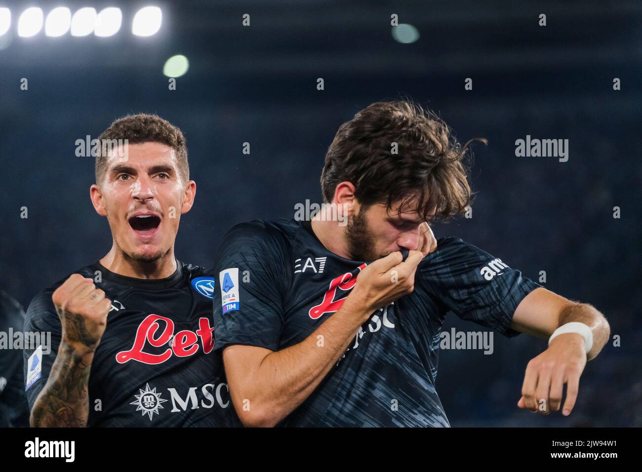 Ssc NapoliÕs Forward Khvicha Kvaratskhelia Celebrates After Scoring A