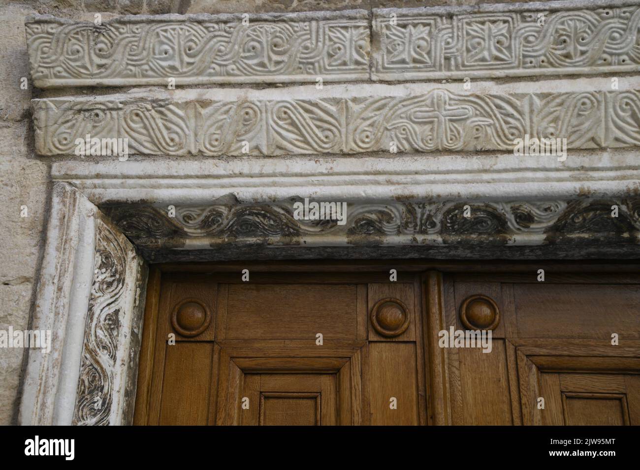 Marble carved facade architectural detail of Aghios Eleutherios a ...