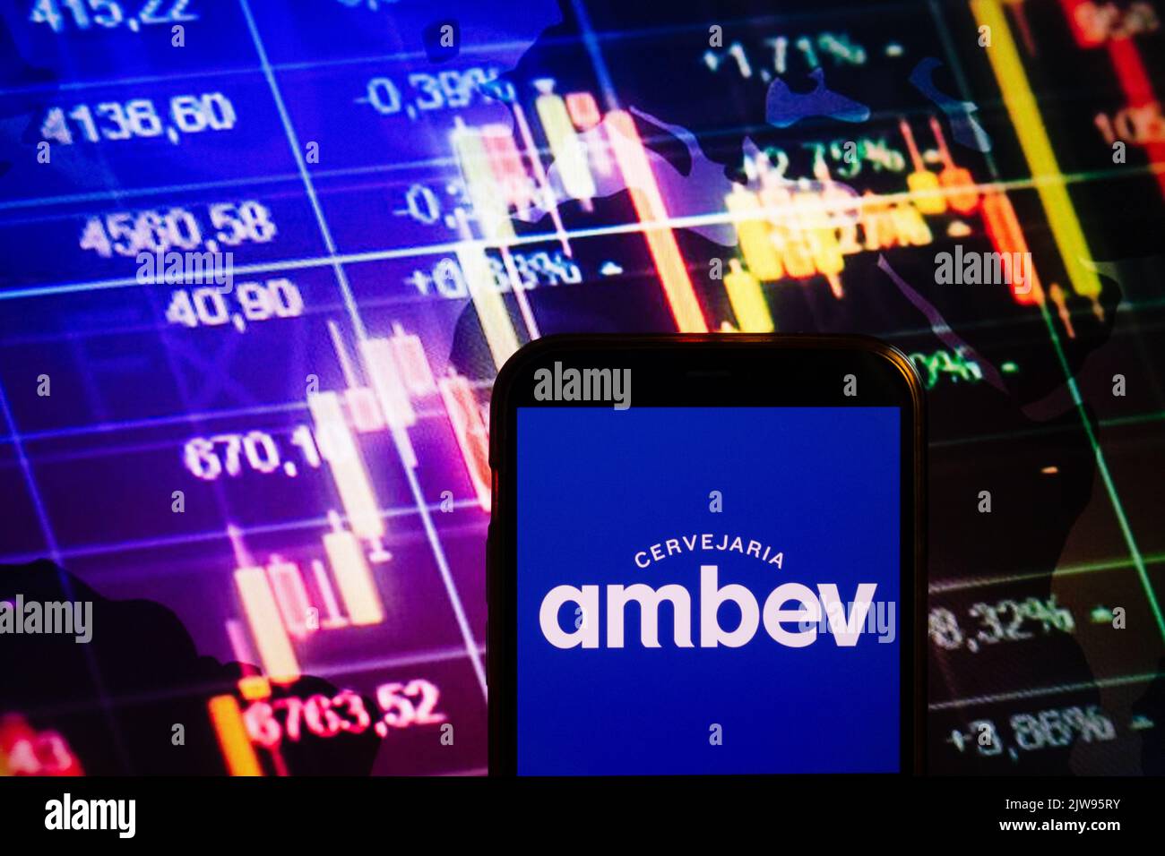KONSKIE, POLAND - August 30, 2022: Smartphone displaying logo of Ambev ...