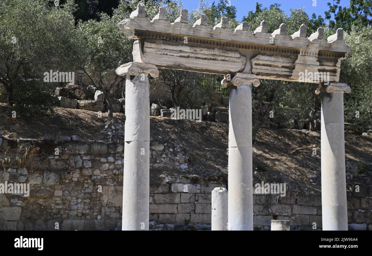Landscape with scenic view of ancient Doric order columns on the ...