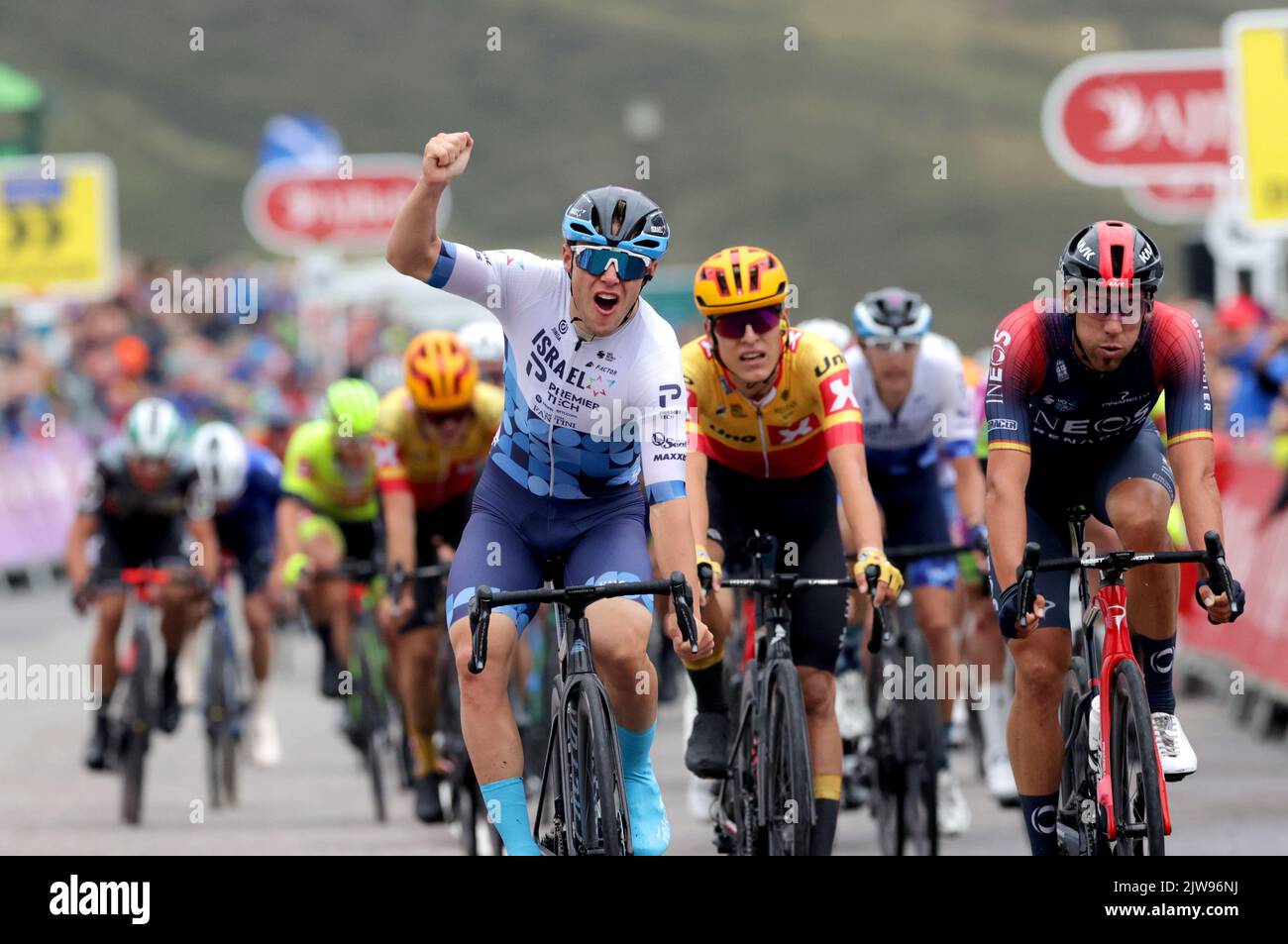 Corbin Strong of team Israel - Premier Tech celebrates winning stage ...