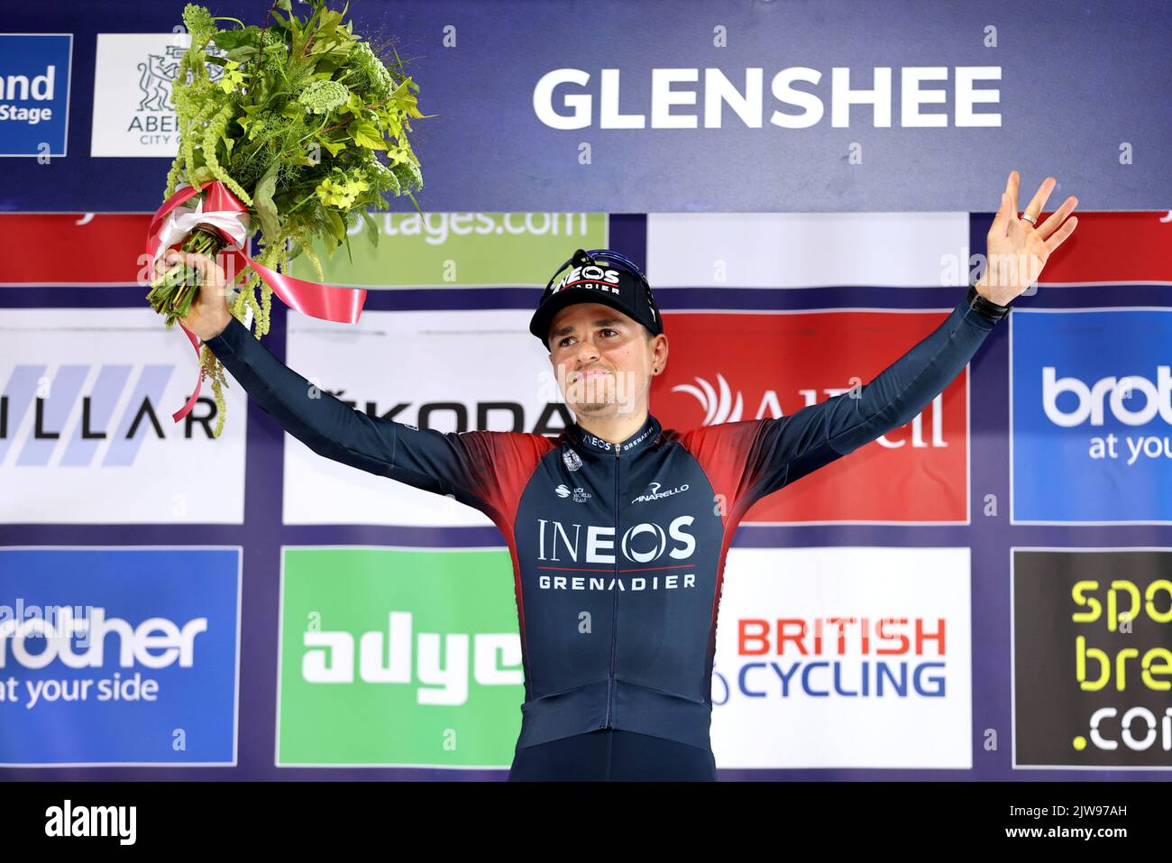 INEOS Grenadiers' Tom Pidcock celebrates on the podium after winning ...