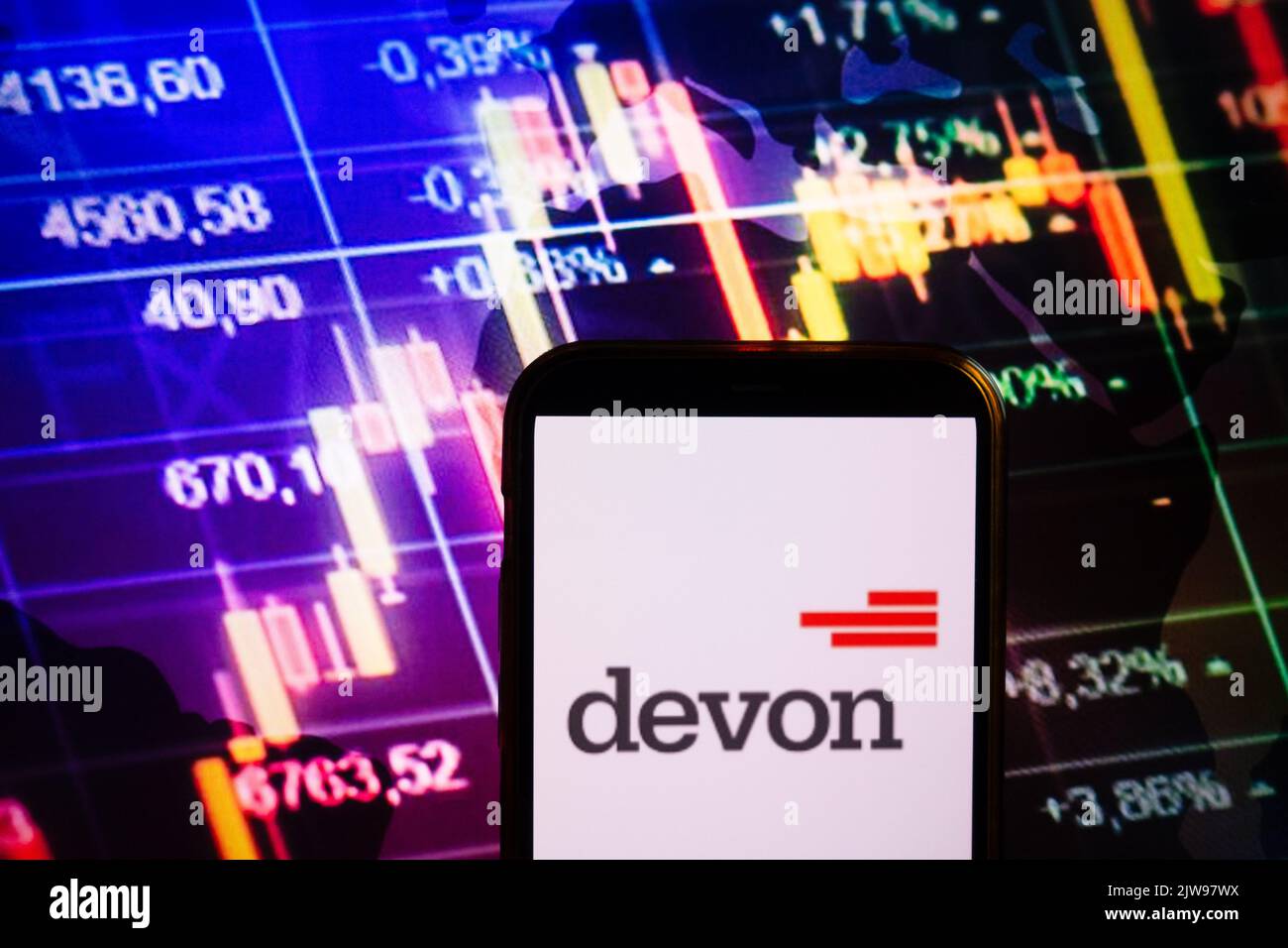 KONSKIE, POLAND - August 30, 2022: Smartphone displaying logo of Devon ...