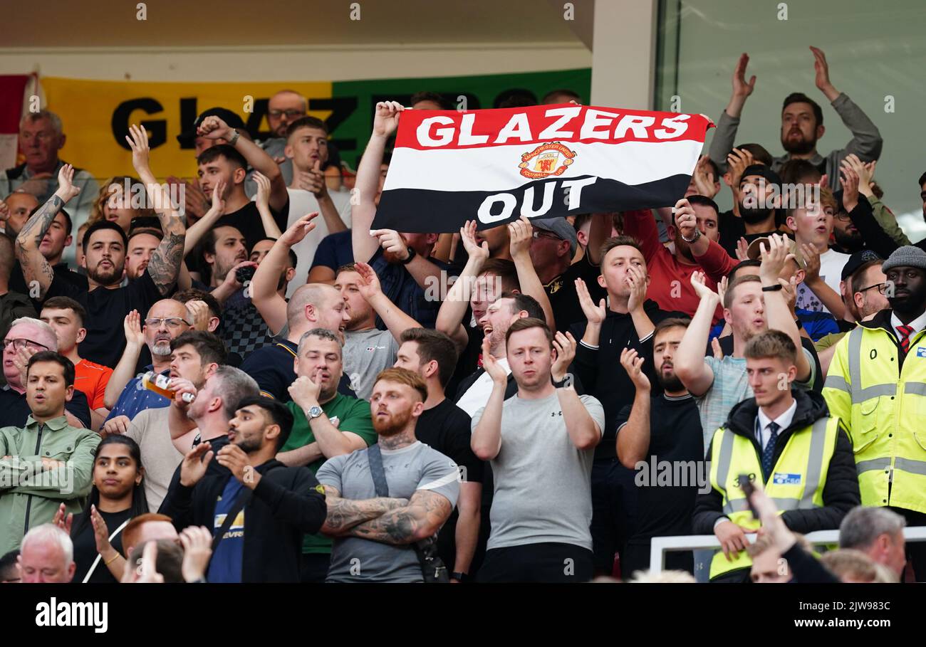 Manchester United fans wave anti-Glazer banners in the stands during ...