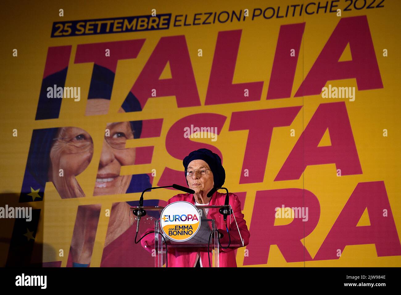 Emma Bonino, senator of the + Europe party, speaks on stage during the ...