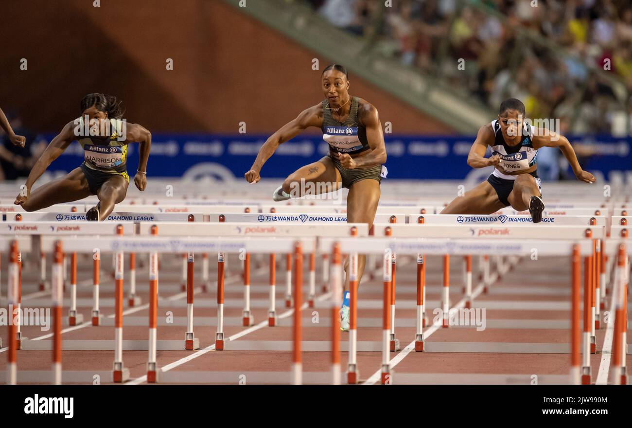 Kendra Harrison, Jasmine Camacho-Quinn and Tia Jones competing in the ...