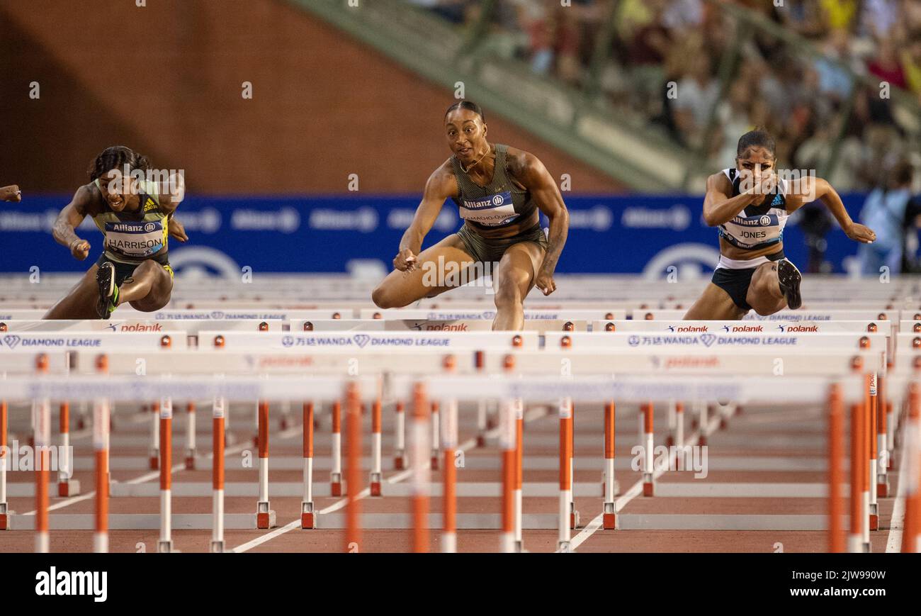 Kendra Harrison, Jasmine Camacho-Quinn and Tia Jones competing in the ...