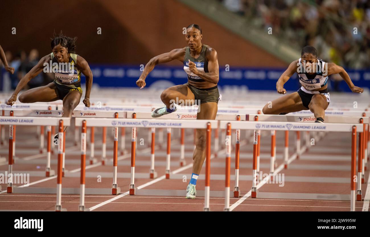 Kendra Harrison, Jasmine Camacho-Quinn and Tia Jones competing in the ...