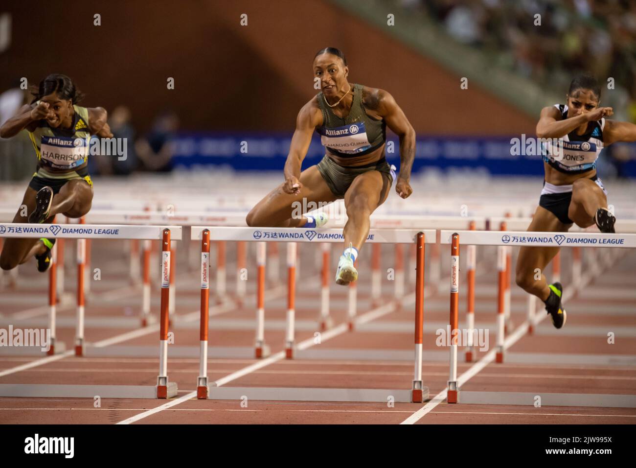 Kendra Harrison, Jasmine Camacho-Quinn and Tia Jones competing in the ...