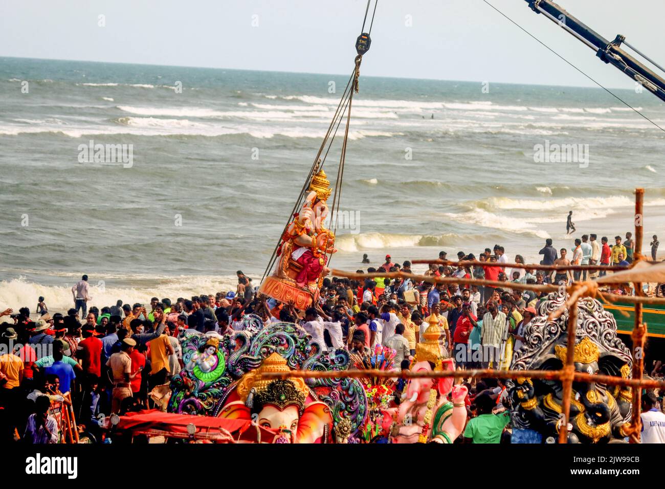 Chennai, India, 4th Sep 2022: Devotees look on as an idol of Hindu god ...