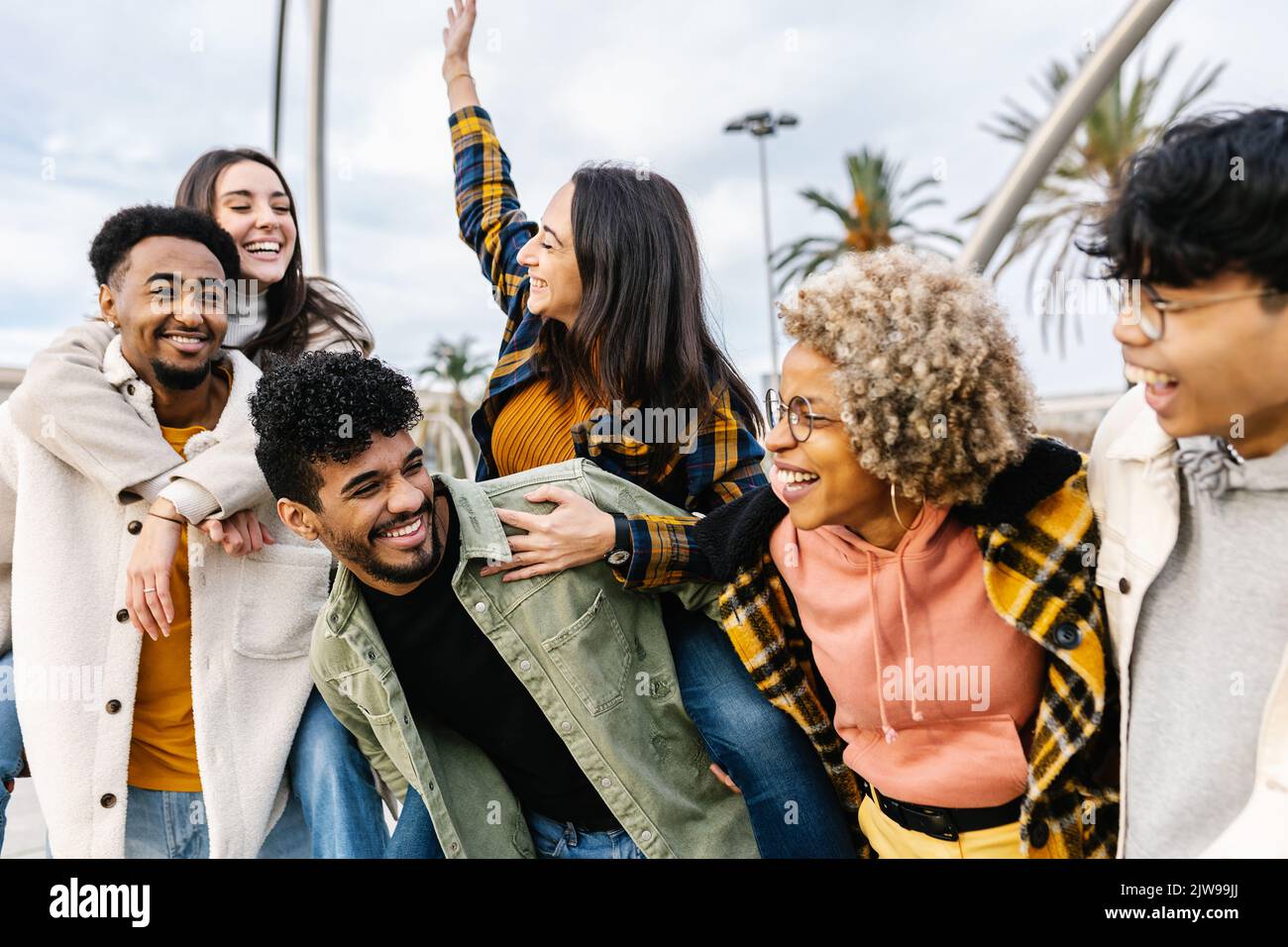 Happy group of young friends having fun in the city Stock Photo - Alamy