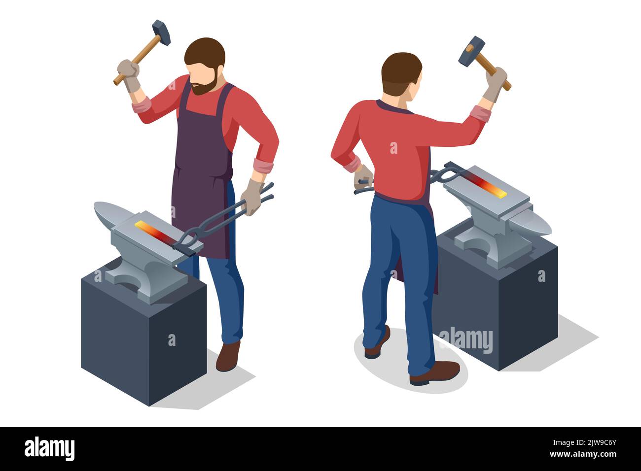 Isometric Forge, blacksmith. Strong blacksmith with hammer and anvil forge iron. Blacksmith in ...