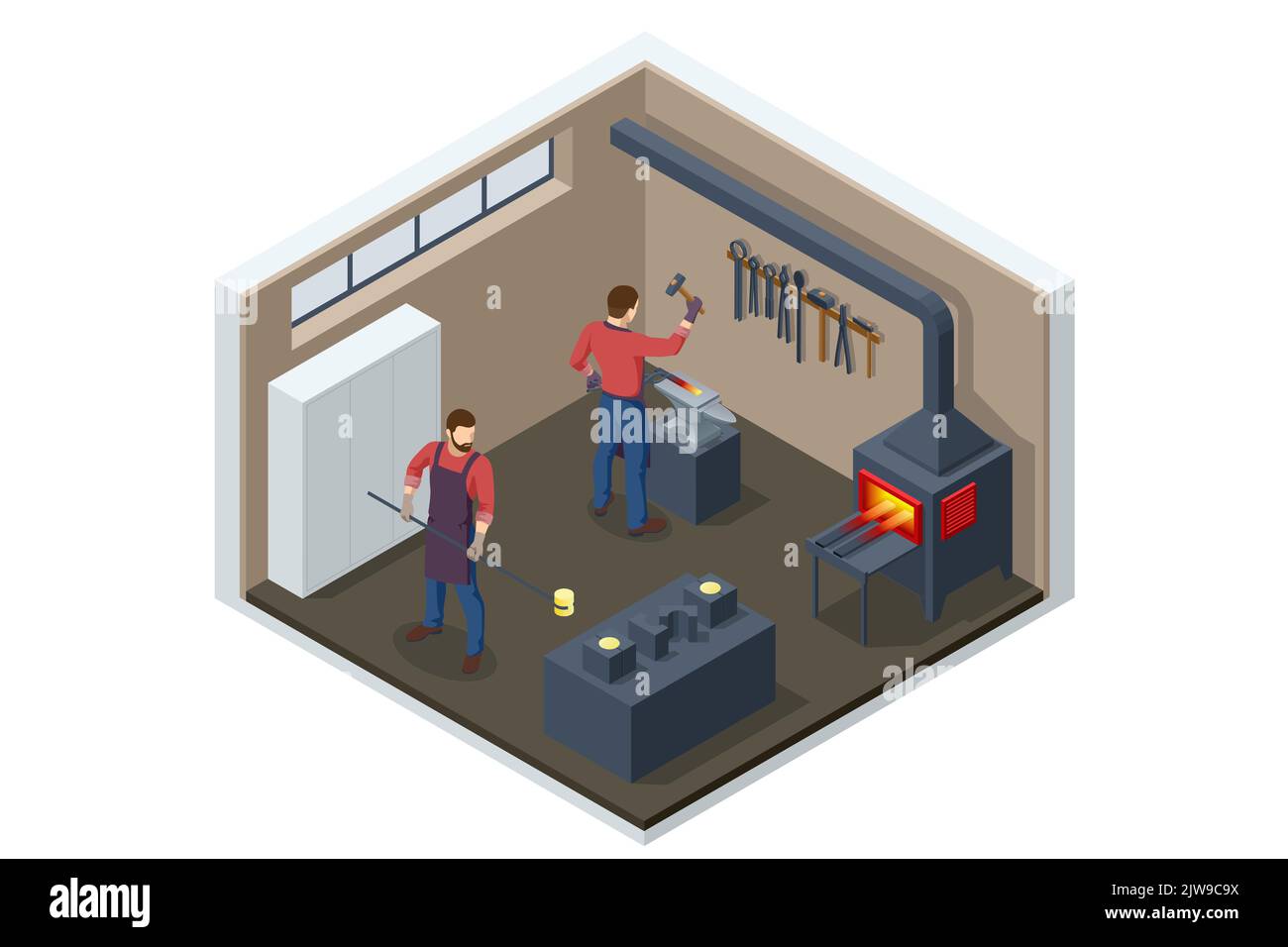 Isometric Forge, blacksmith. Strong blacksmith with hammer and anvil forge iron. Blacksmith in ...