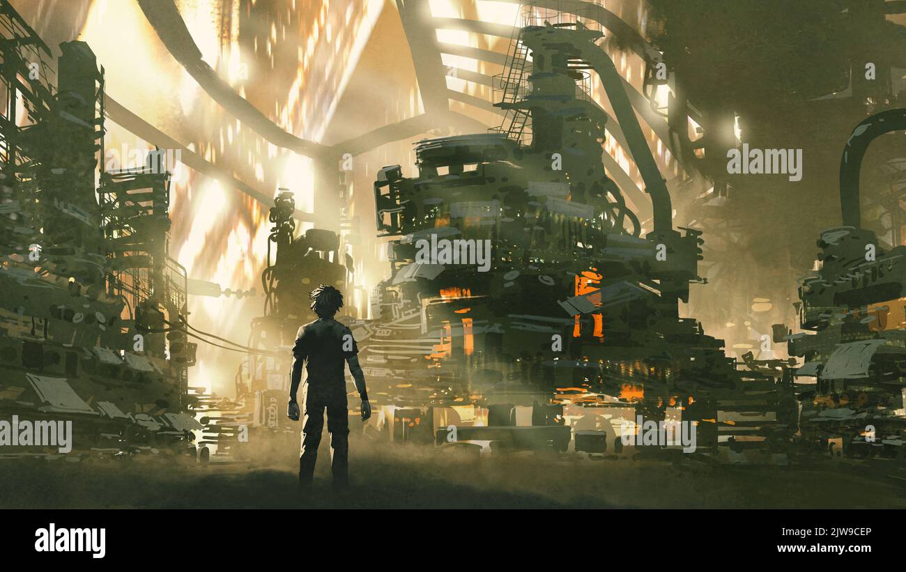 Young man looks at the dieselpunk village full of machines, digital art ...