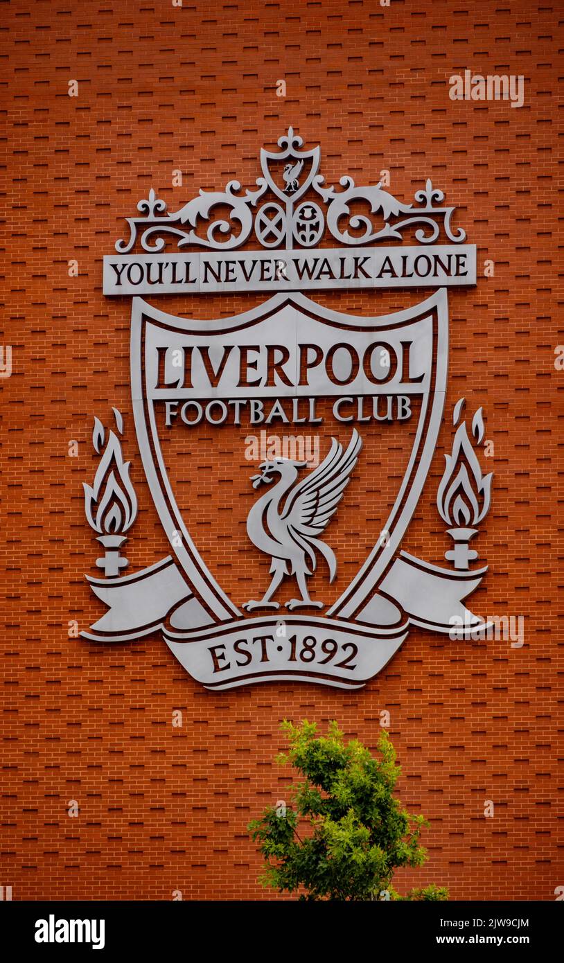 FC Liverpool Logo on the wall of Anfield stadium - LIVERPOOL, UK ...