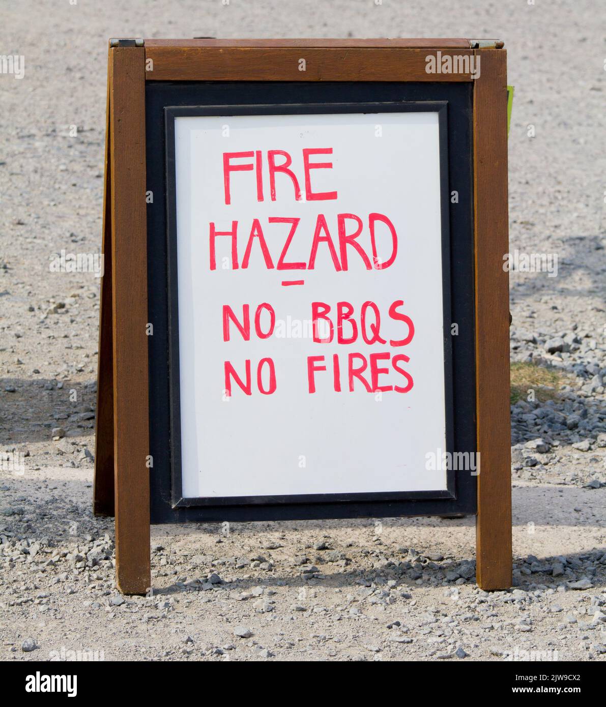 Sign warning visitors of dangers of open fires and BBQ during dry hot ...