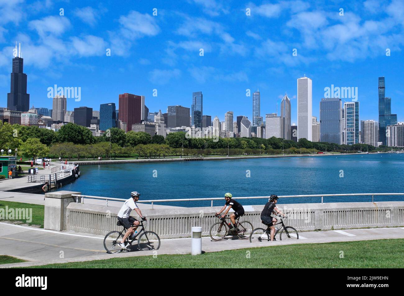 Chicago, USA - August 2022: View of the waterfront bike trail along the ...